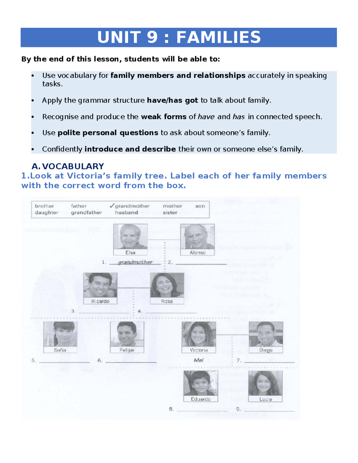 UNIT 9: FAMILIES - Vocabulary & Conversation Strategies - Studocu