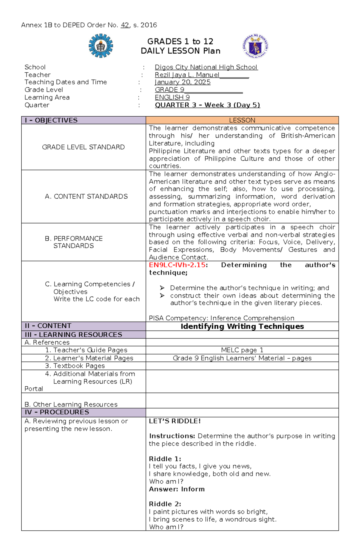 Technique LP - Annex 1B to DEPED Order No. 42 , s. 2016 GRADES 1 to 12 ...