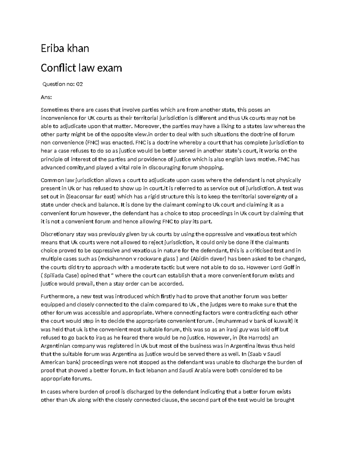 Conflicts Law Exam: Forum Non Conveniens Analysis (Eriba Khan) - Studocu