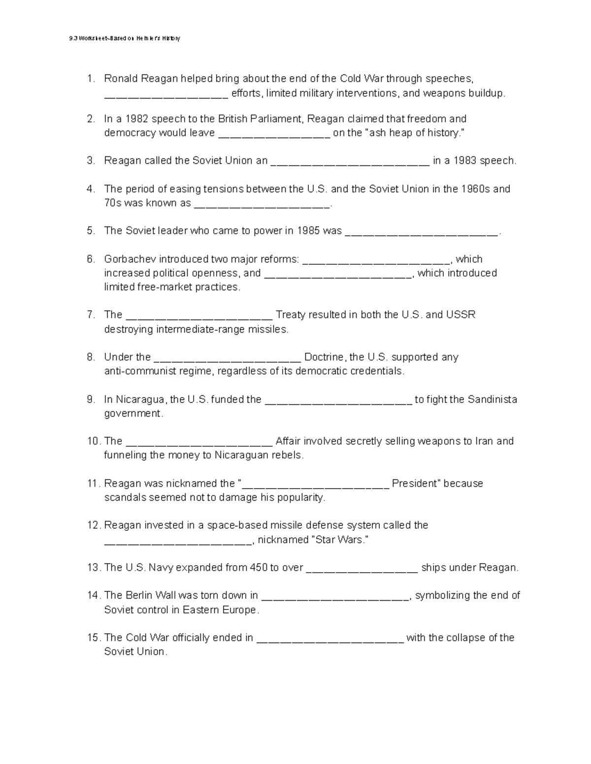 U9.3 worksheet on Ronald Reagan and the end of the Cold War - Studocu