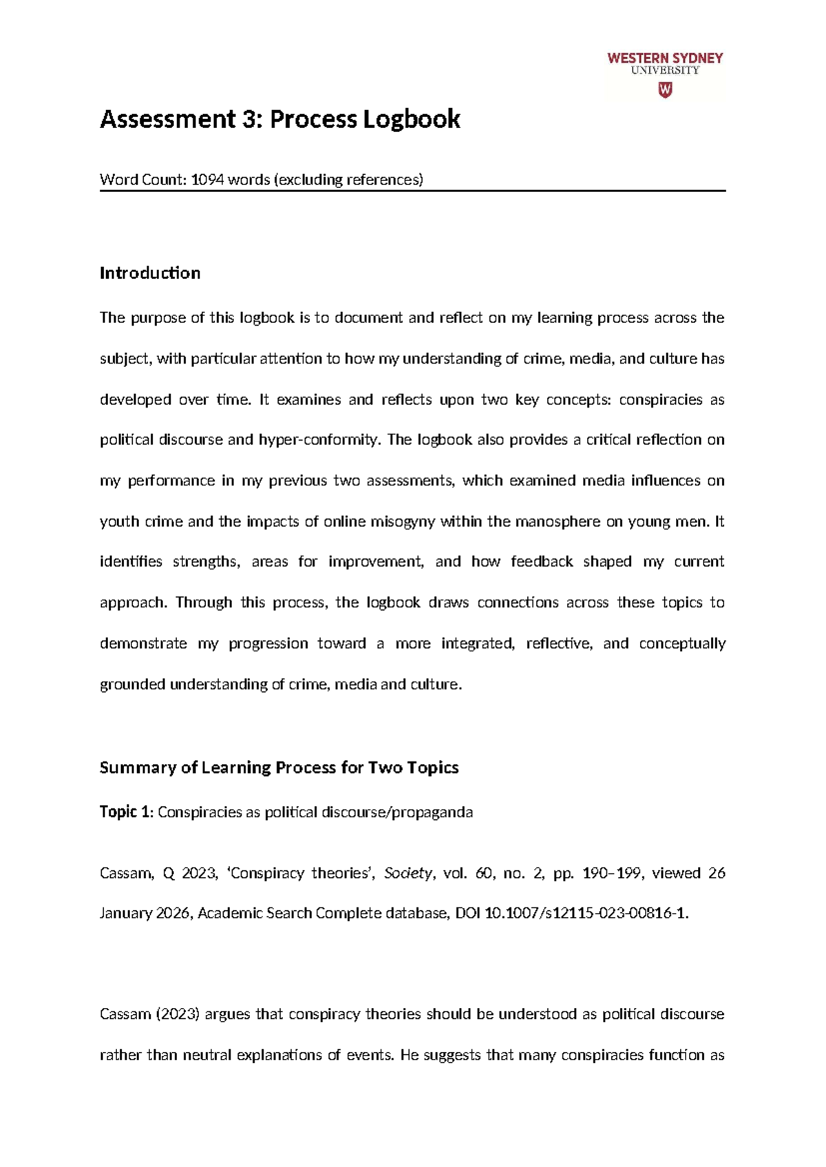 ASS3: Reflective Logbook on Crime, Media, and Culture - Studocu