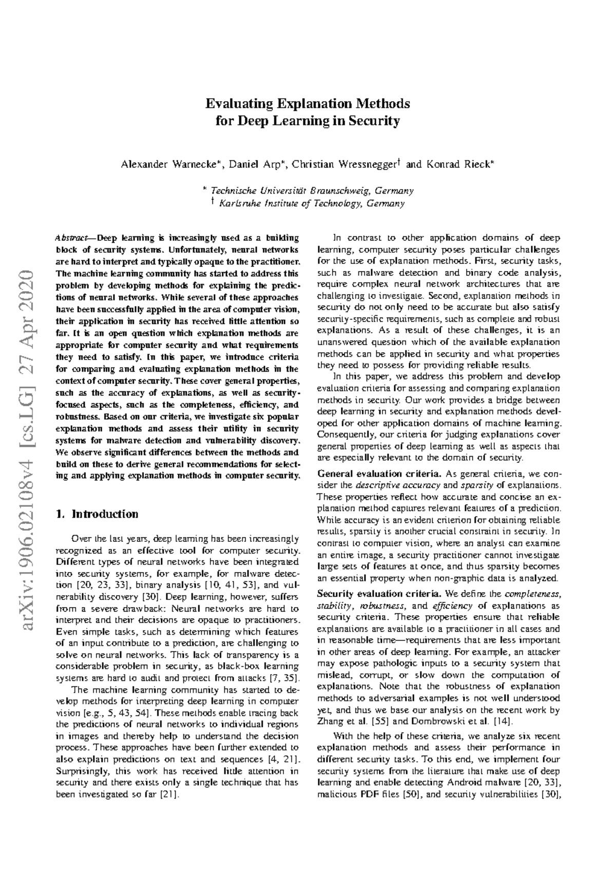 Evaluating Explanation Methods for Deep Learning in Security (CS-2020 ...