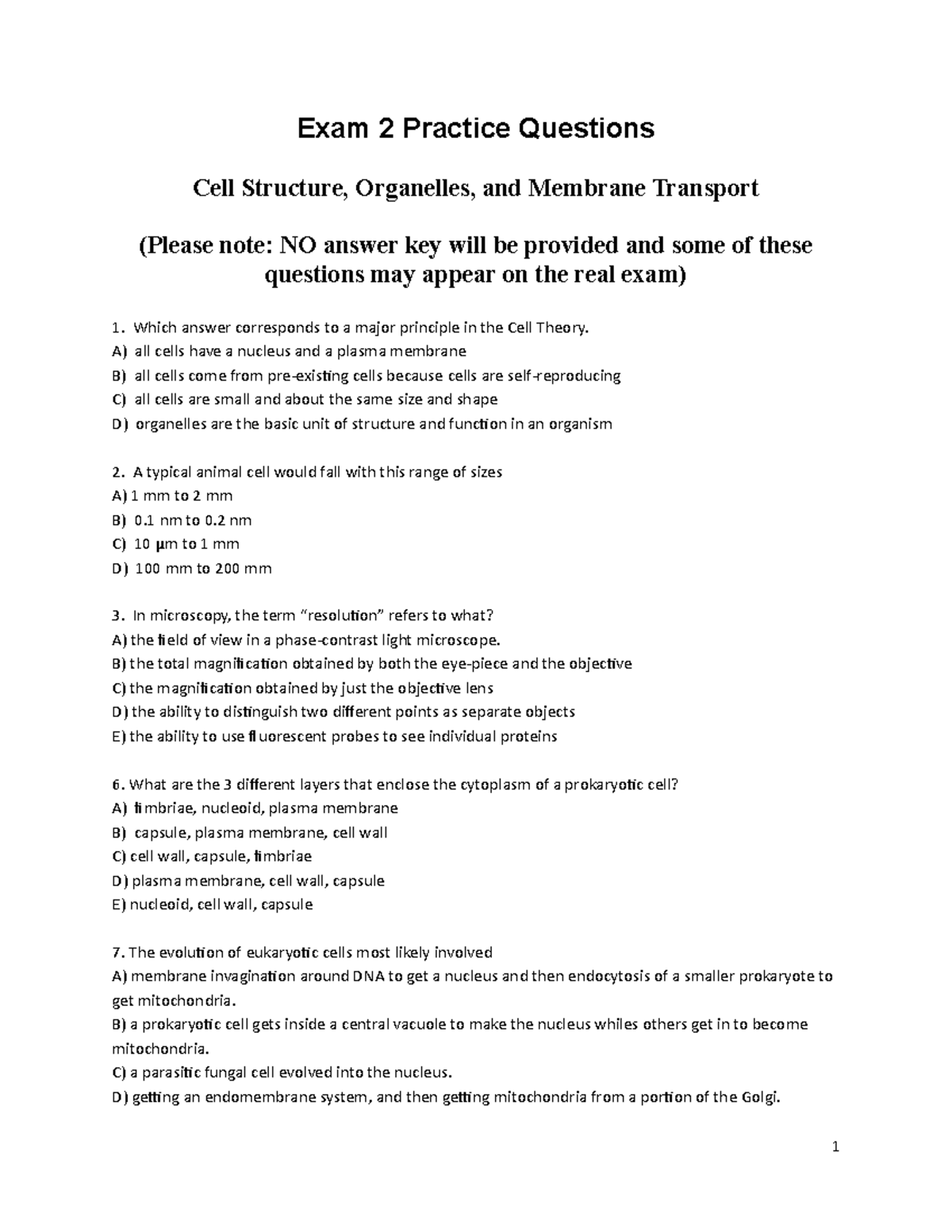 Bio 111 F20 Exam 2 Practice Questions: Cell Structure & Membrane ...