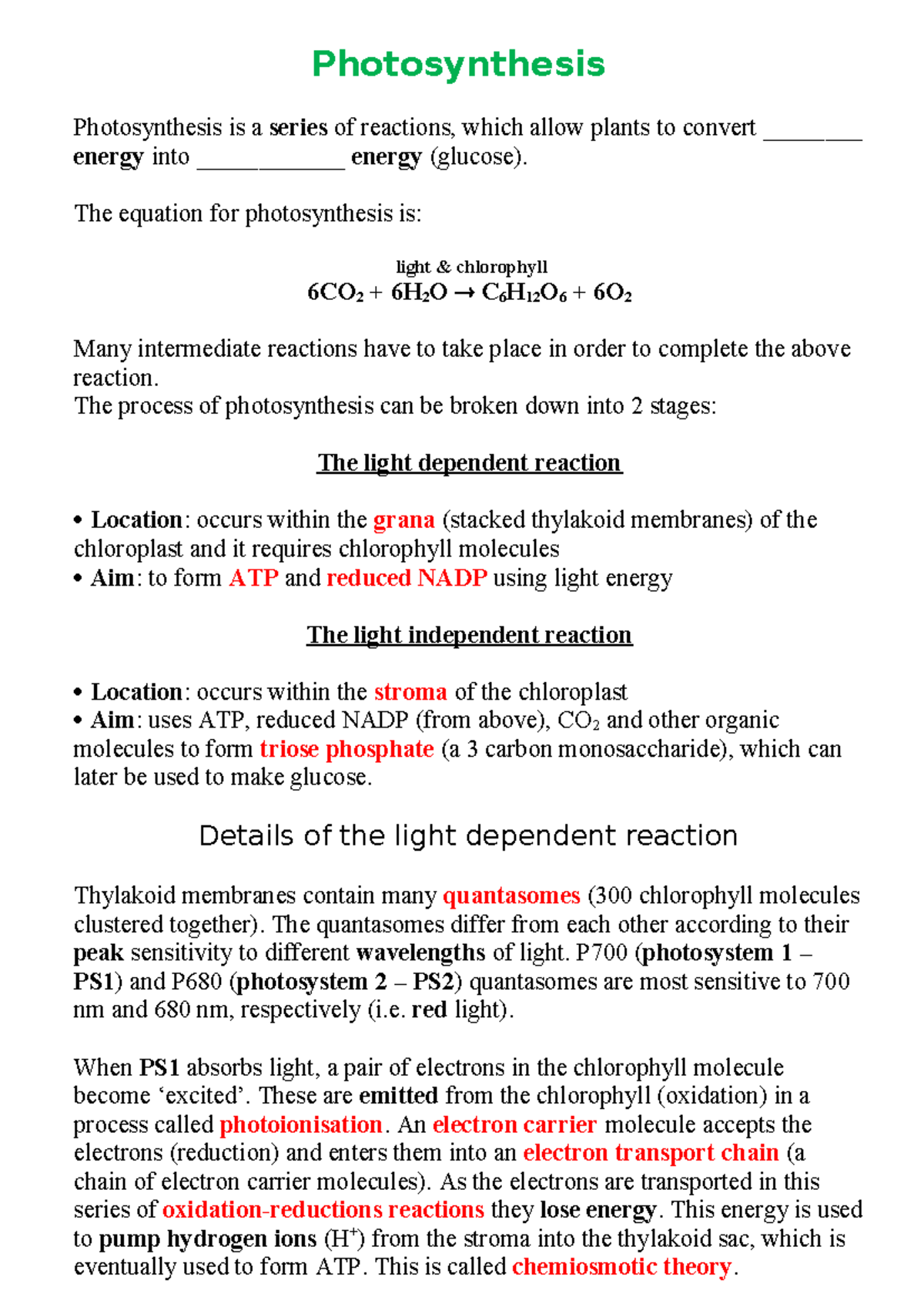 Light Dependent Reaction in Photosynthesis: Overview and Details - Studocu
