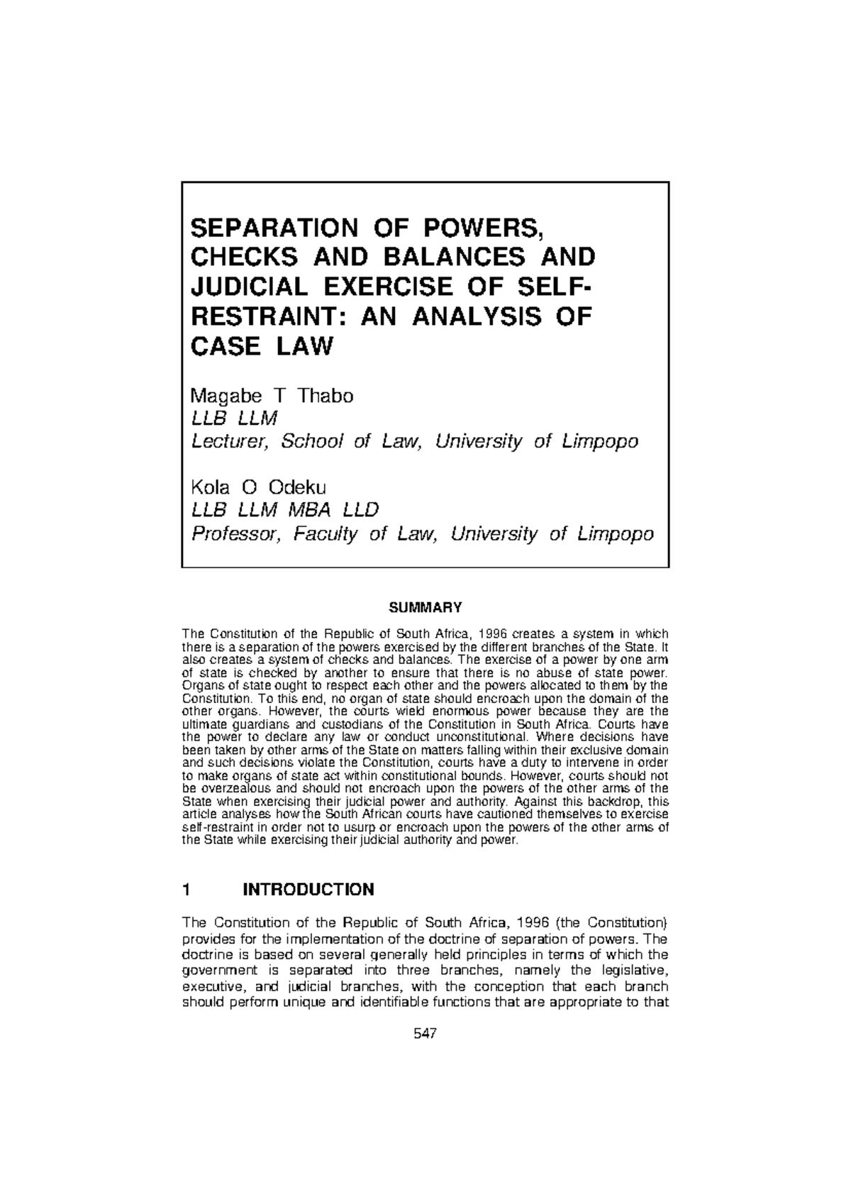 Separation of Powers and Judicial Restraint: A Case Law Analysis (LLB) - Studocu
