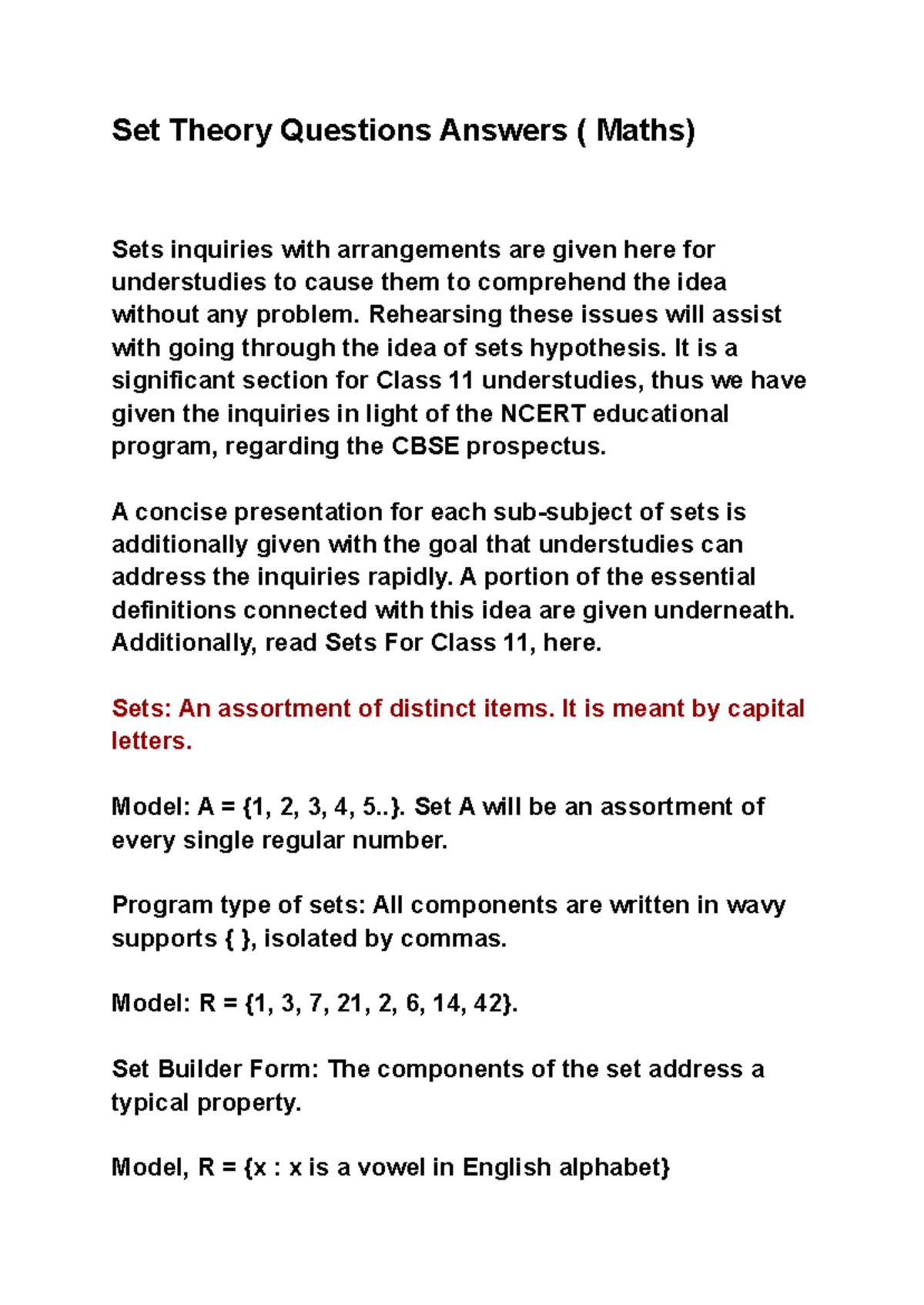 Set Theory Questions & Answers for Class 11 (NCERT Curriculum) - Studocu