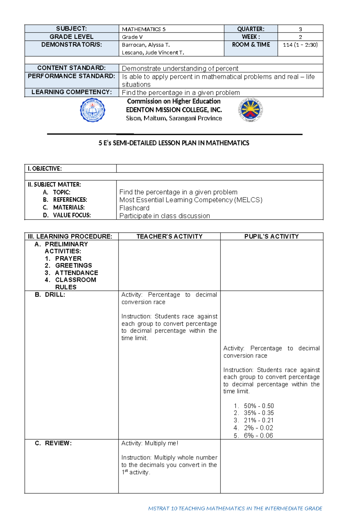 5 ES Lesson PLAN IN Mstrat 10 Mathematics IN THE Intermediate Grade ...
