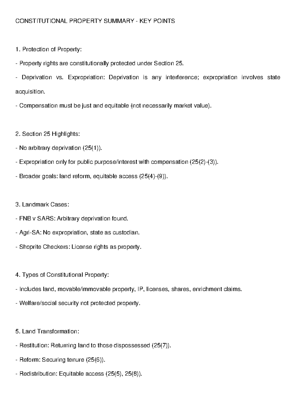 Constitutional Property Summary: Key Points on Section 25 Rights - Studocu