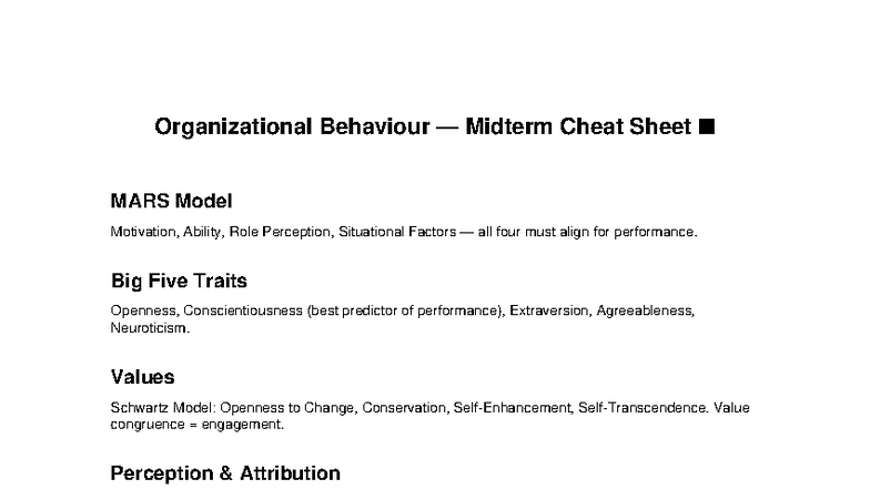 OB 101 Midterm Cheat Sheet: MARS Model & Key Theories - Studocu