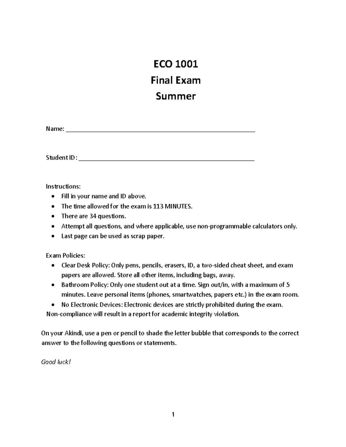 ECO 1001 Final Exam Summer 2025 - Student Instructions & Questions ...