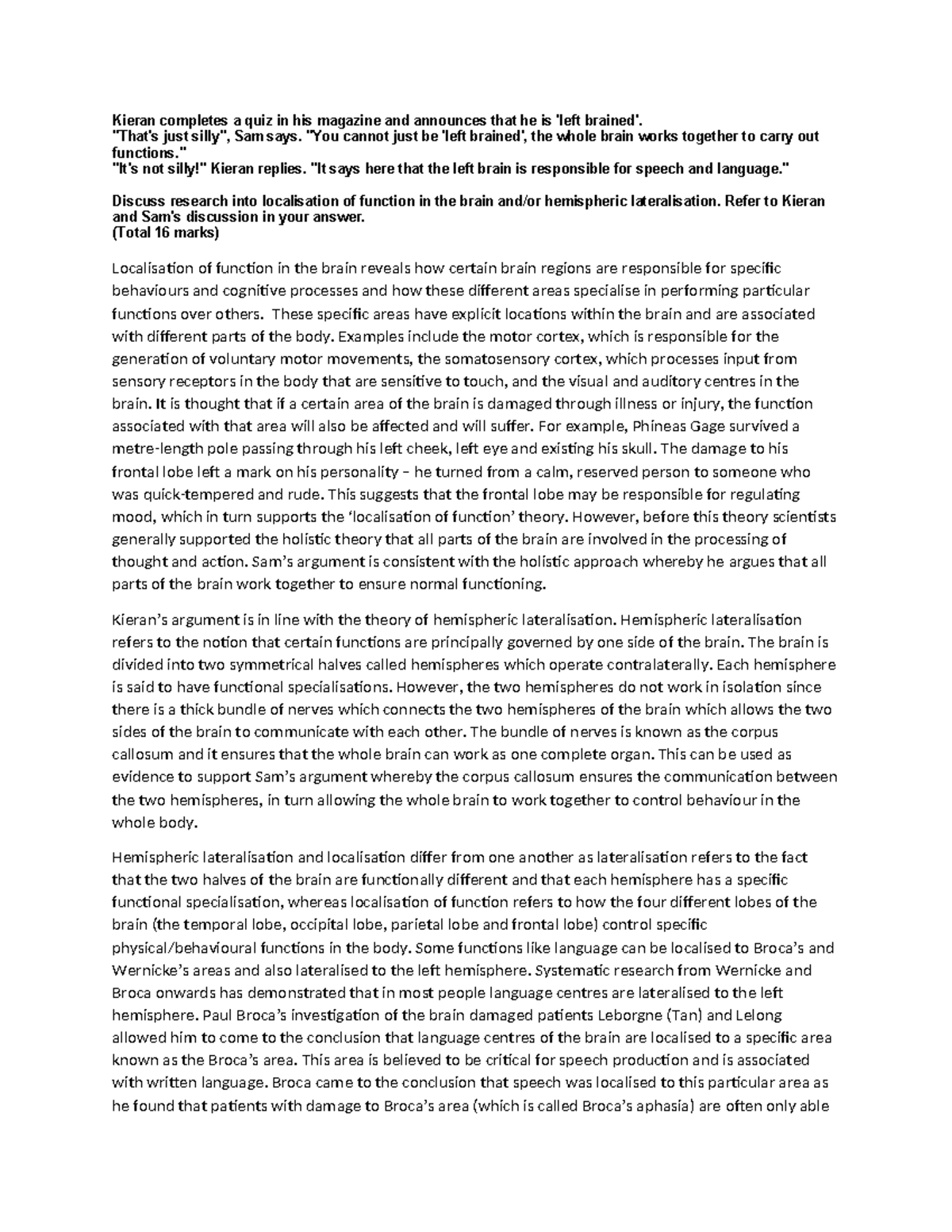 Psychology - Localisation of Function & Hemispheric Lateralisation ...
