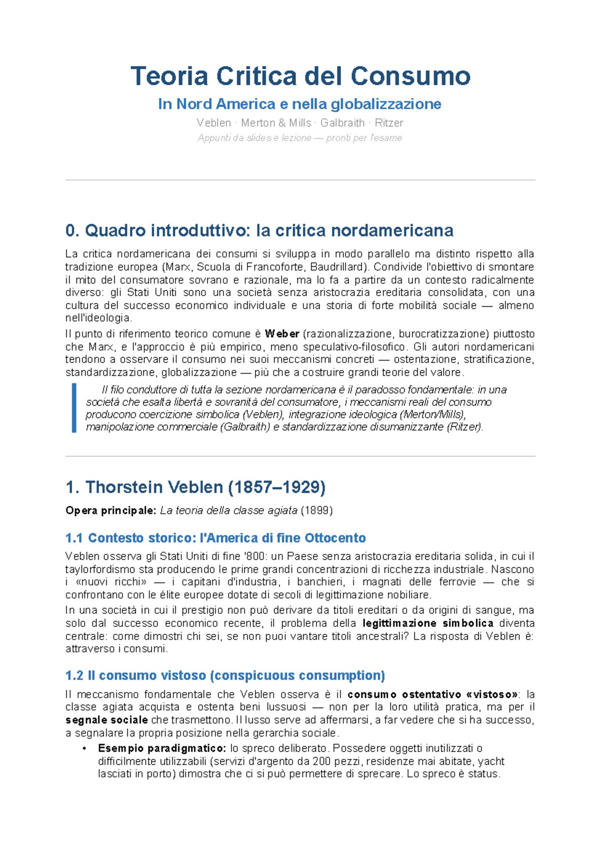 Appunti Teoria Critica del Consumo in Nord America - Veblen, Galbraith ...