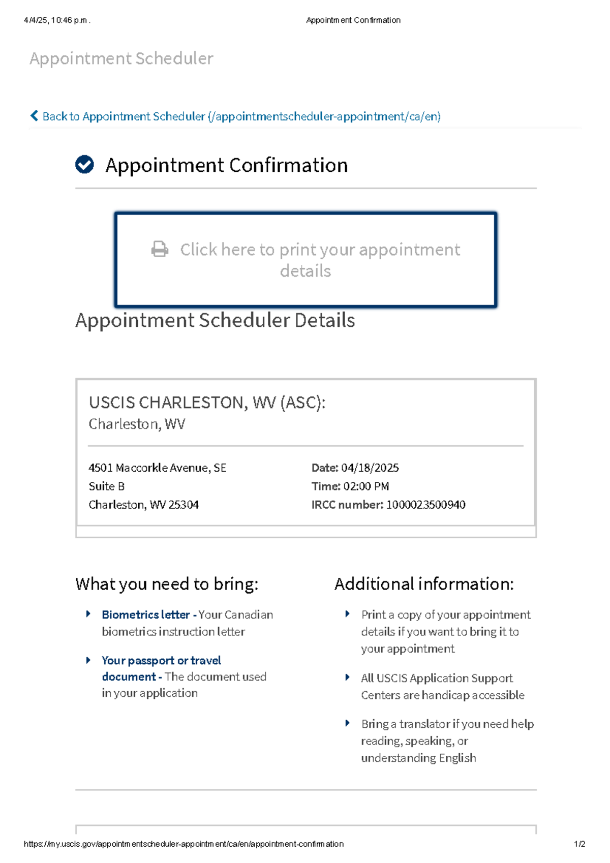 Appointment Confirmation for Biometrics - USCIS ASC Charleston, WV ...