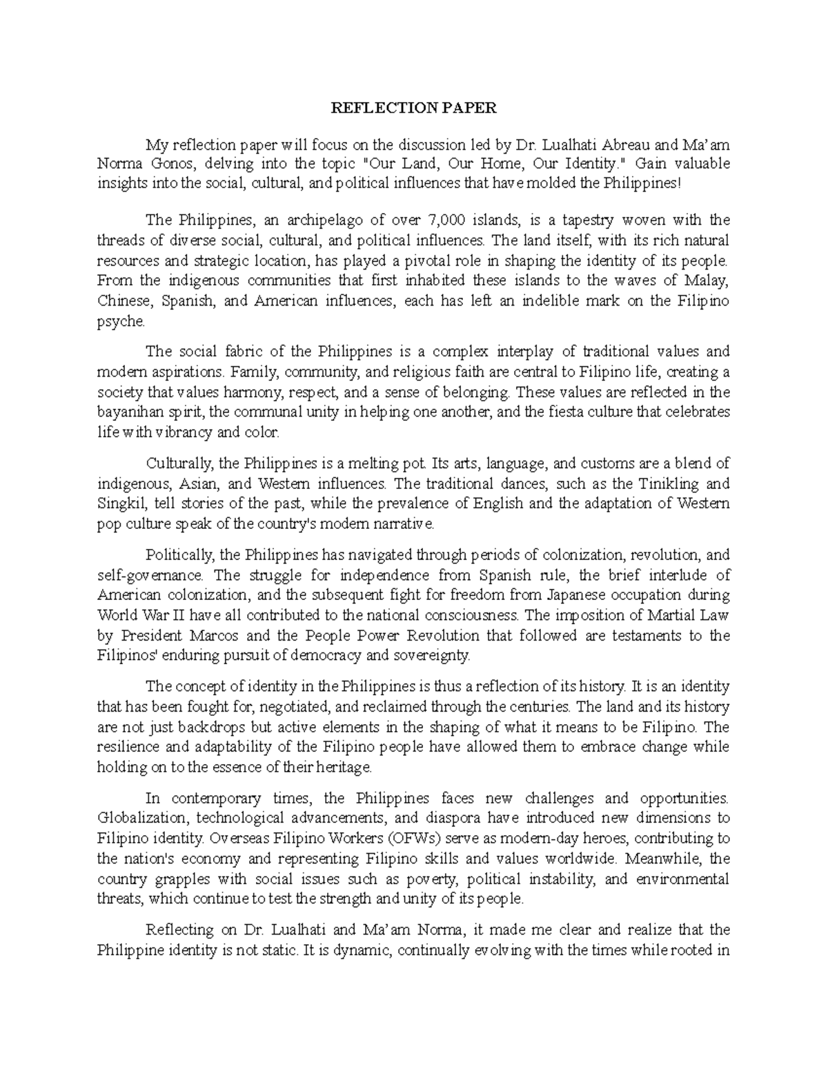 Reflection Paper - The Evolving Filipino Identity and Heritage - Studocu