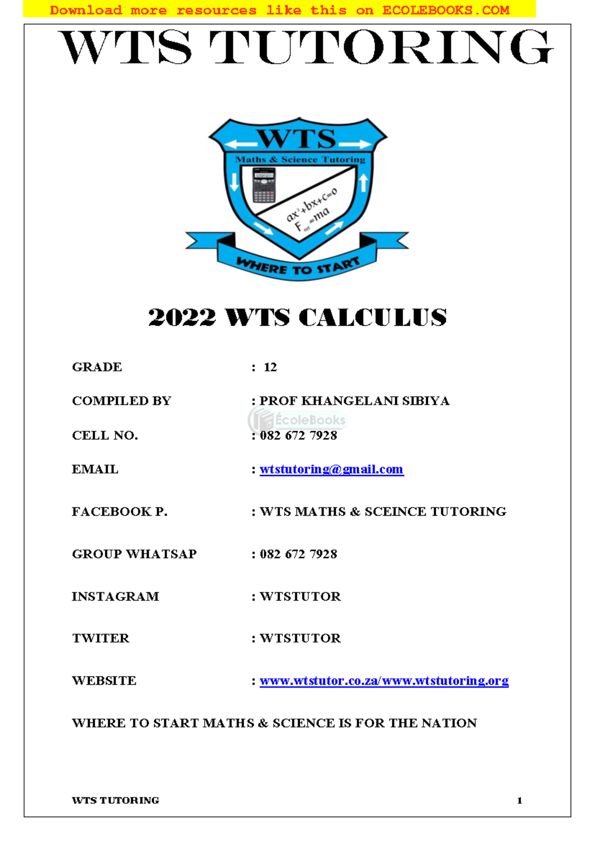 2022 WTS 12 Calculus Lessons and Key Concepts for Students - Studocu
