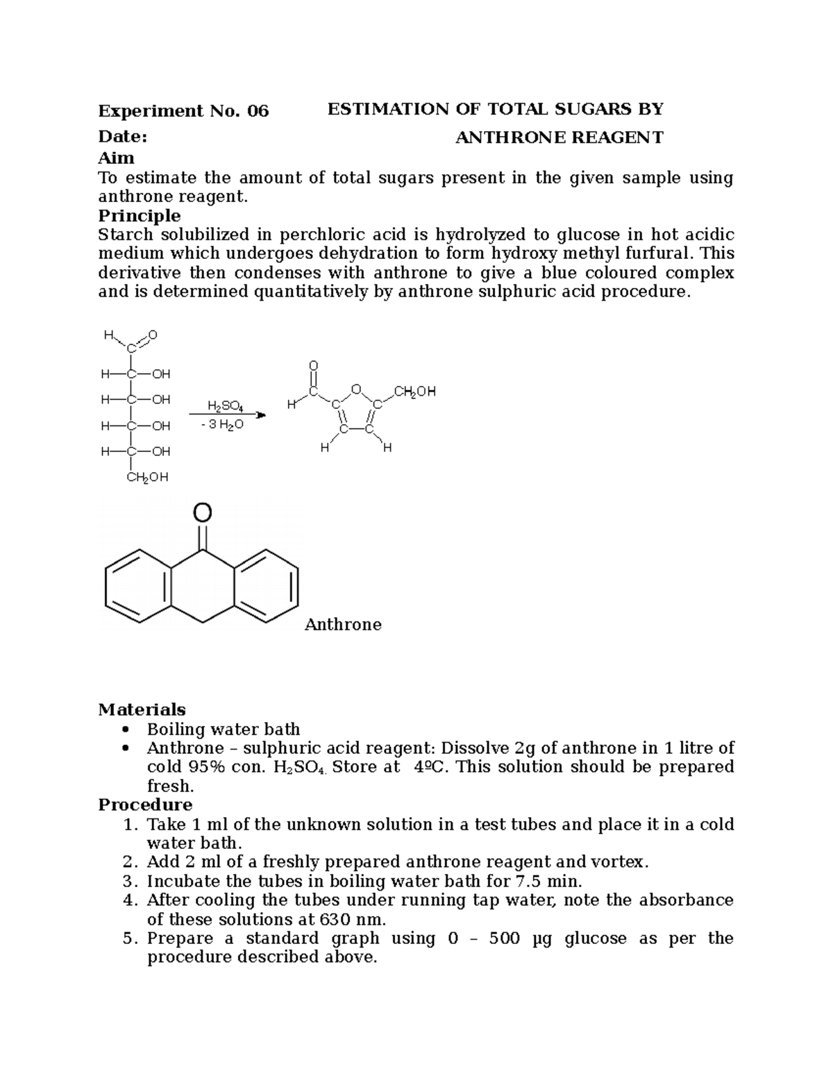 ESTIMATION OF TOTAL SUGARS BY ANTHRONE METHOD - EXPERIMENT 06 - Studocu