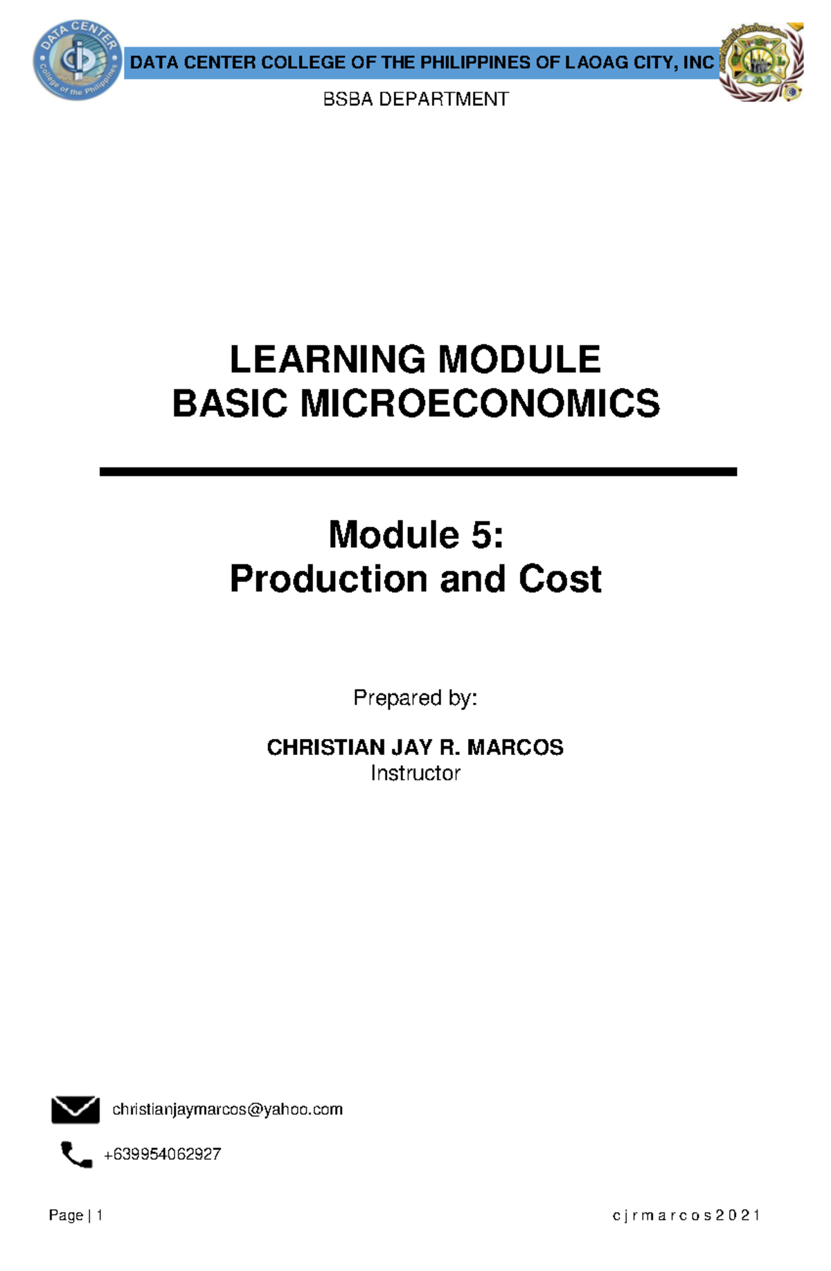 Basic Microeconomics (BSBA) - Module 5: Production and Costs Overview ...