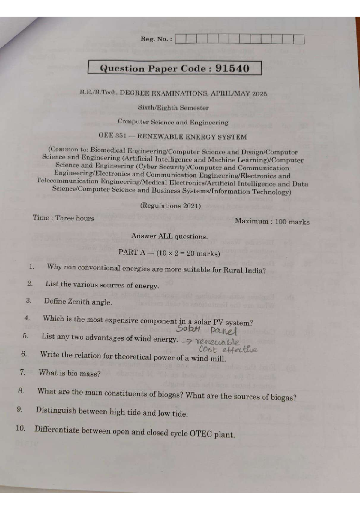 OEE 351 Final Exam Question Paper - Renewable Energy Systems - Studocu
