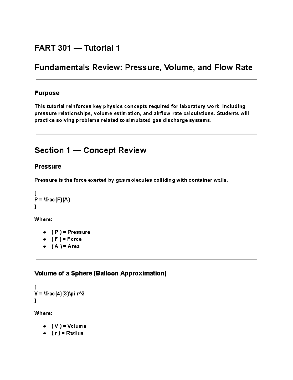 FART 301 Tutorial 1: Pressure, Volume & Flow Rate Concepts Review - Studocu