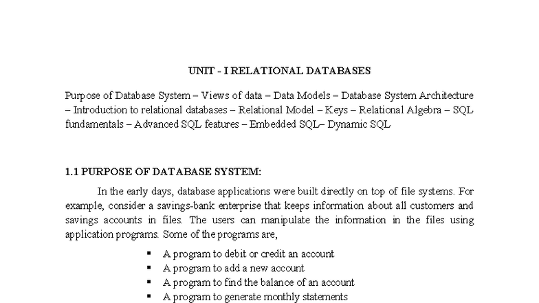 DBMS UNIT I: Introduction to Relational Databases and SQL Fundamentals - Studocu