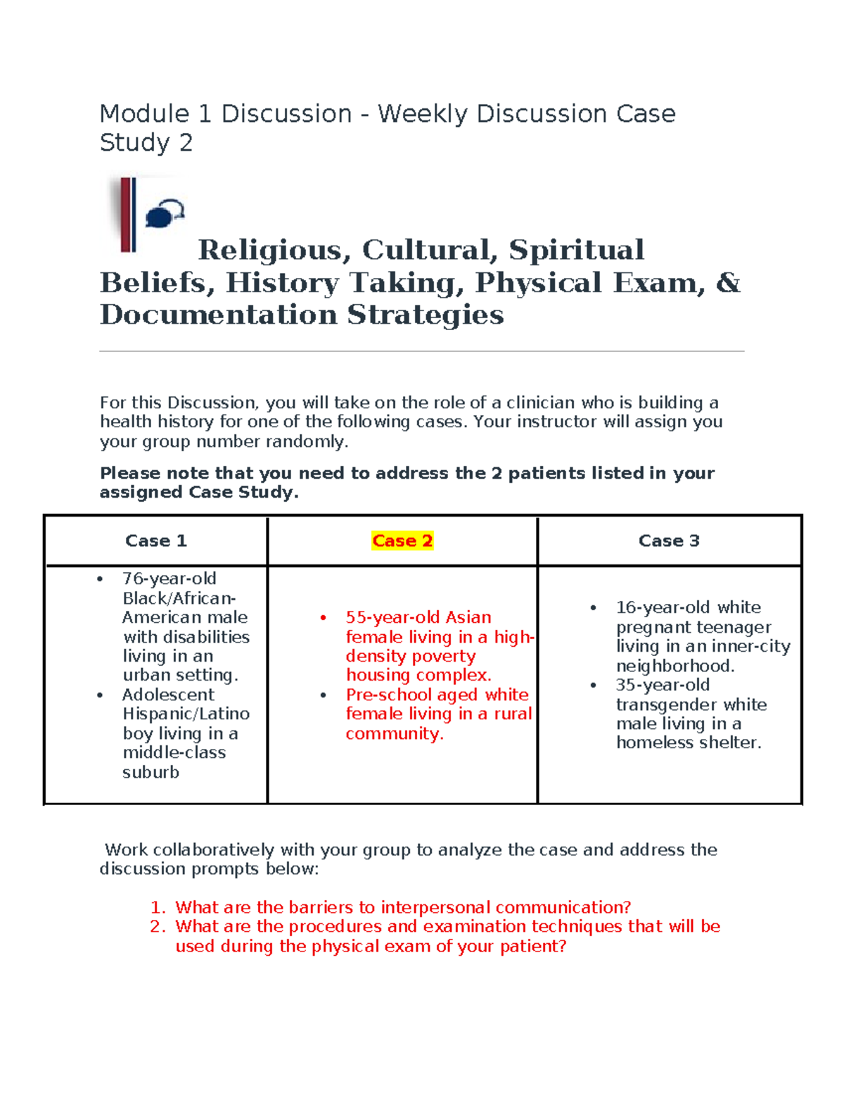 Module 1 - Case Study 2: Analyzing Cultural & Spiritual Beliefs - Studocu