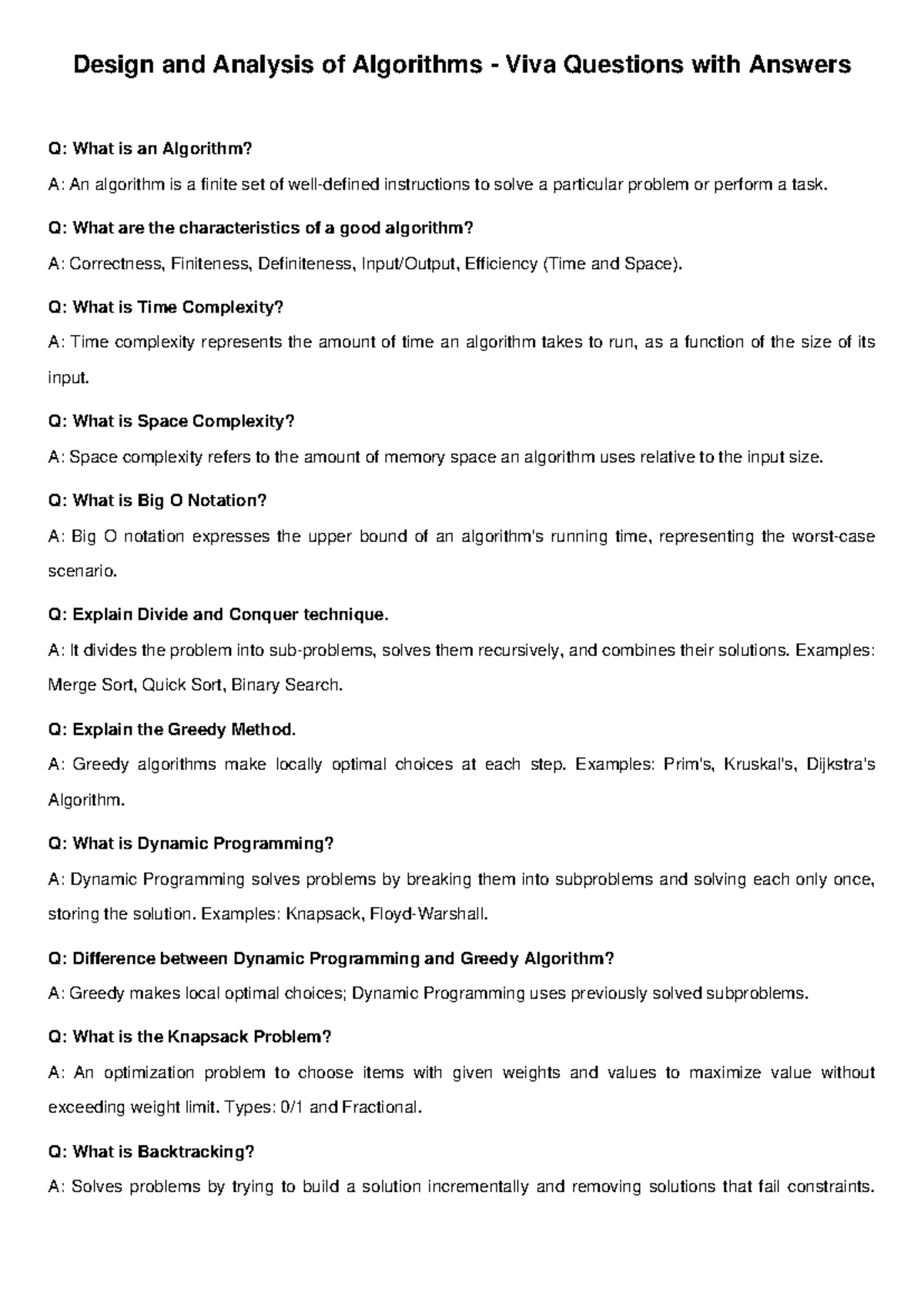 DAA Viva Questions & Answers: Design and Analysis of Algorithms - Studocu