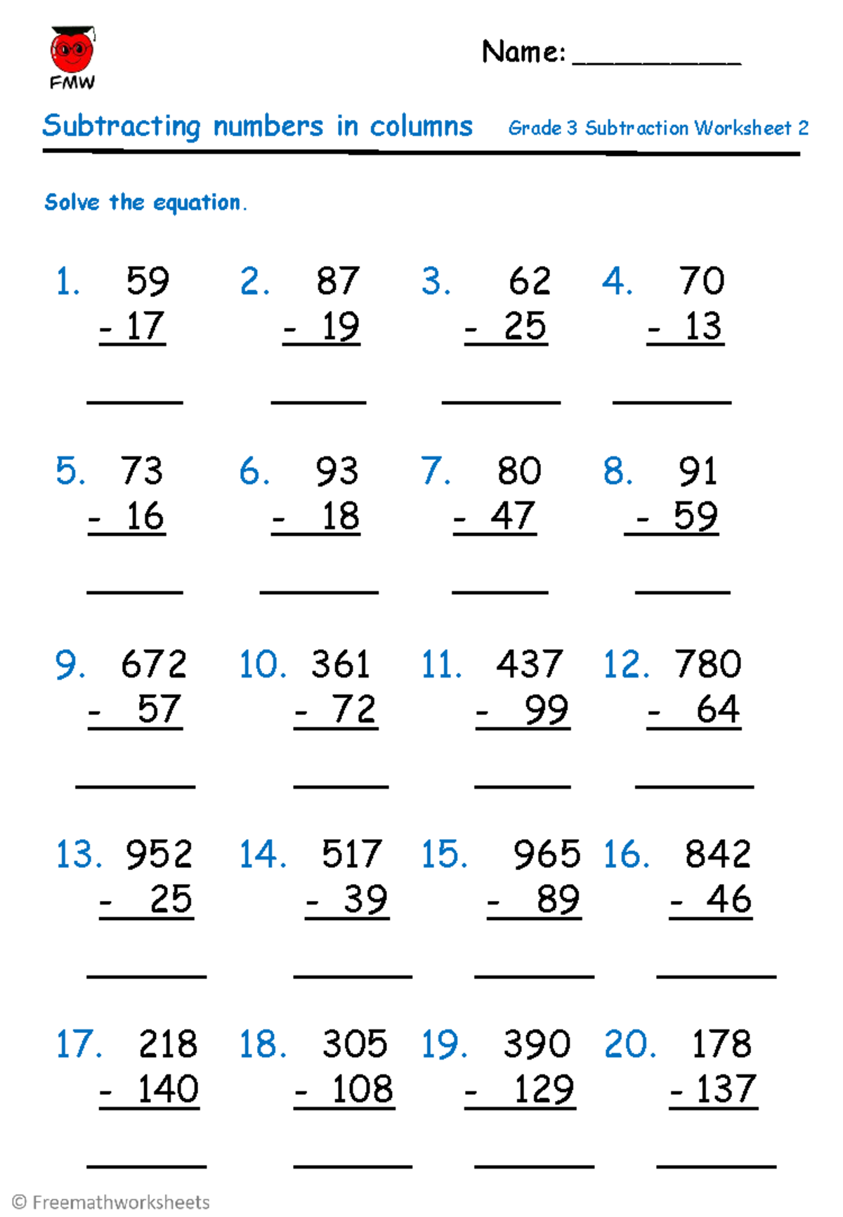 Grade 3 Subtraction Worksheet 2: Column Subtraction Practice - Studocu