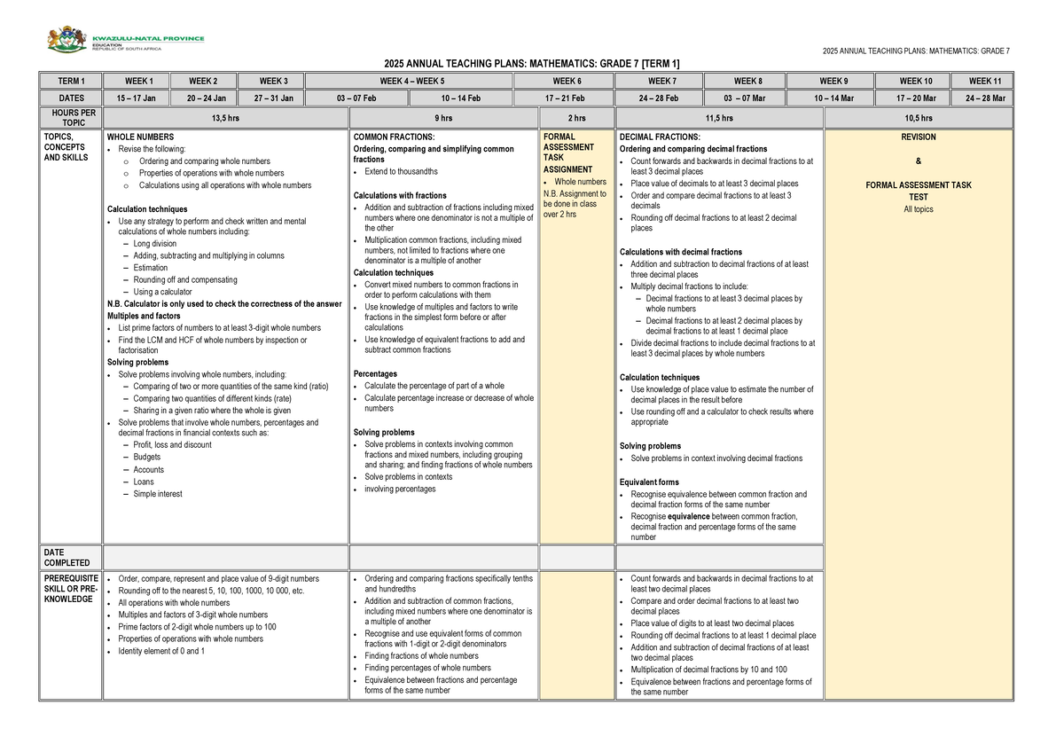 Grade 7 Mathematics Annual Teaching Plan (ATP) 2025 - Studocu