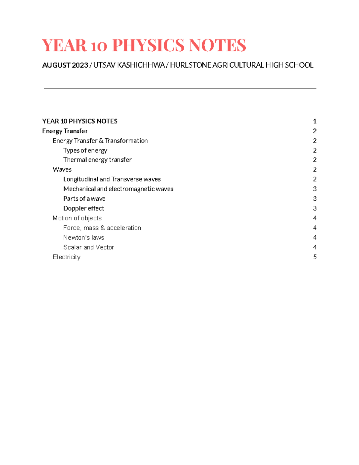 Year 10 Physics Notes (Aug 2023) - Energy, Waves, Motion & Electricity ...