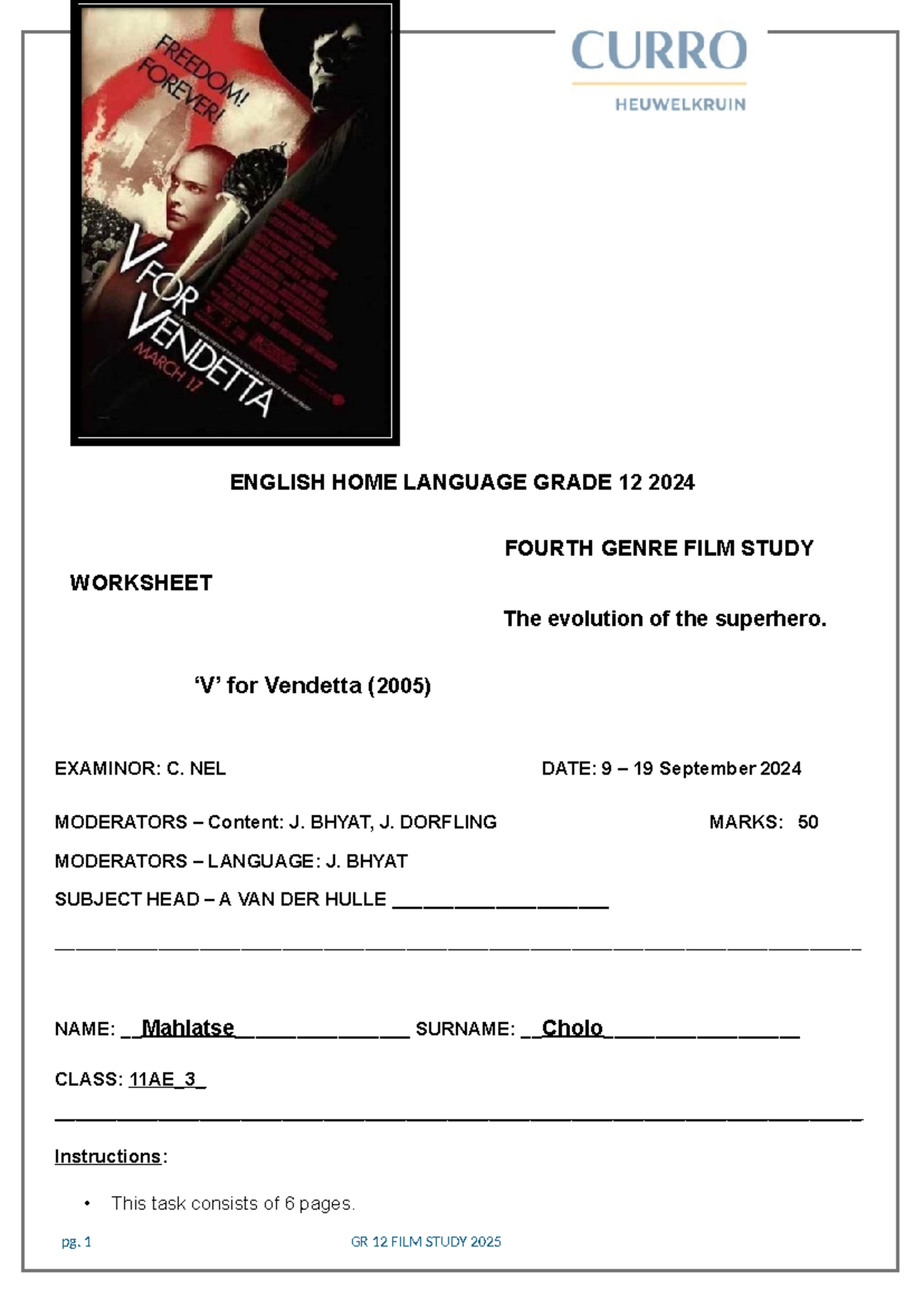 2024 Grade 12 English Worksheet: ‘V’ for Vendetta Film Study - Studocu