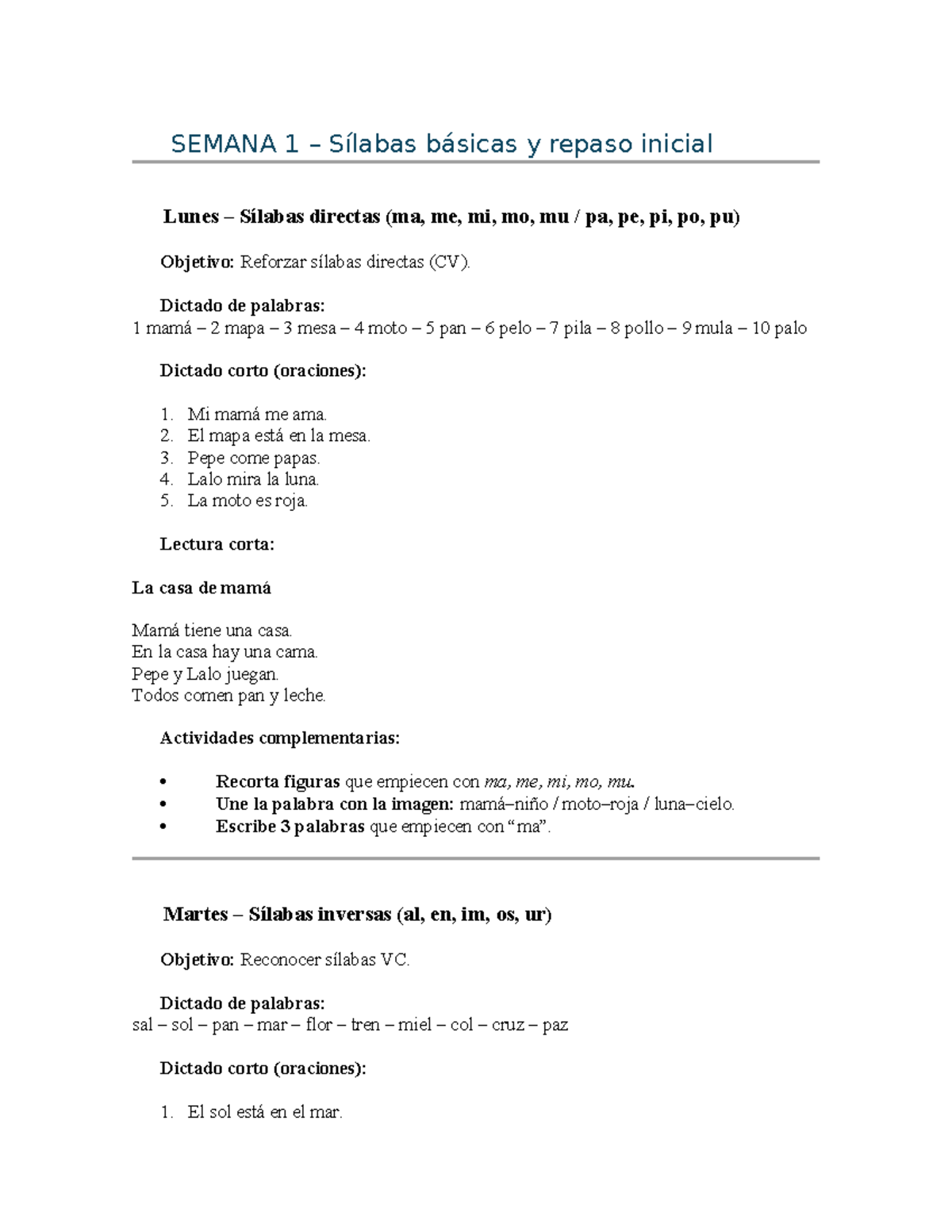 SEMANA 1-3: Dictados y Actividades de Sílabas para Lectoescritura - Studocu