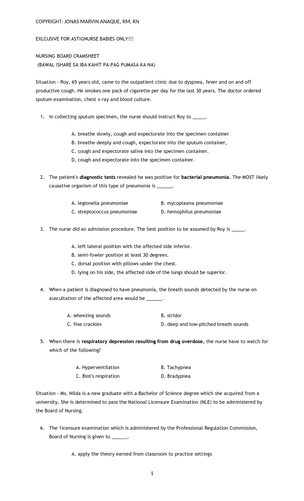 Nursing Practice Review Questions (NURS 101) - Cram Sheet for NLE - Studocu