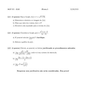 Prova de Cálculo 1 com resolução - Calculo 1 - Studocu