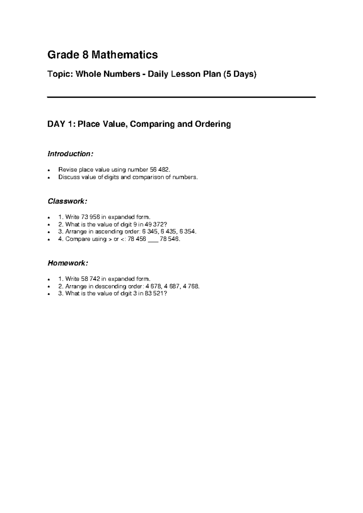 Grade 8 Math Lesson Plan: Whole Numbers (5 Days) - Studocu