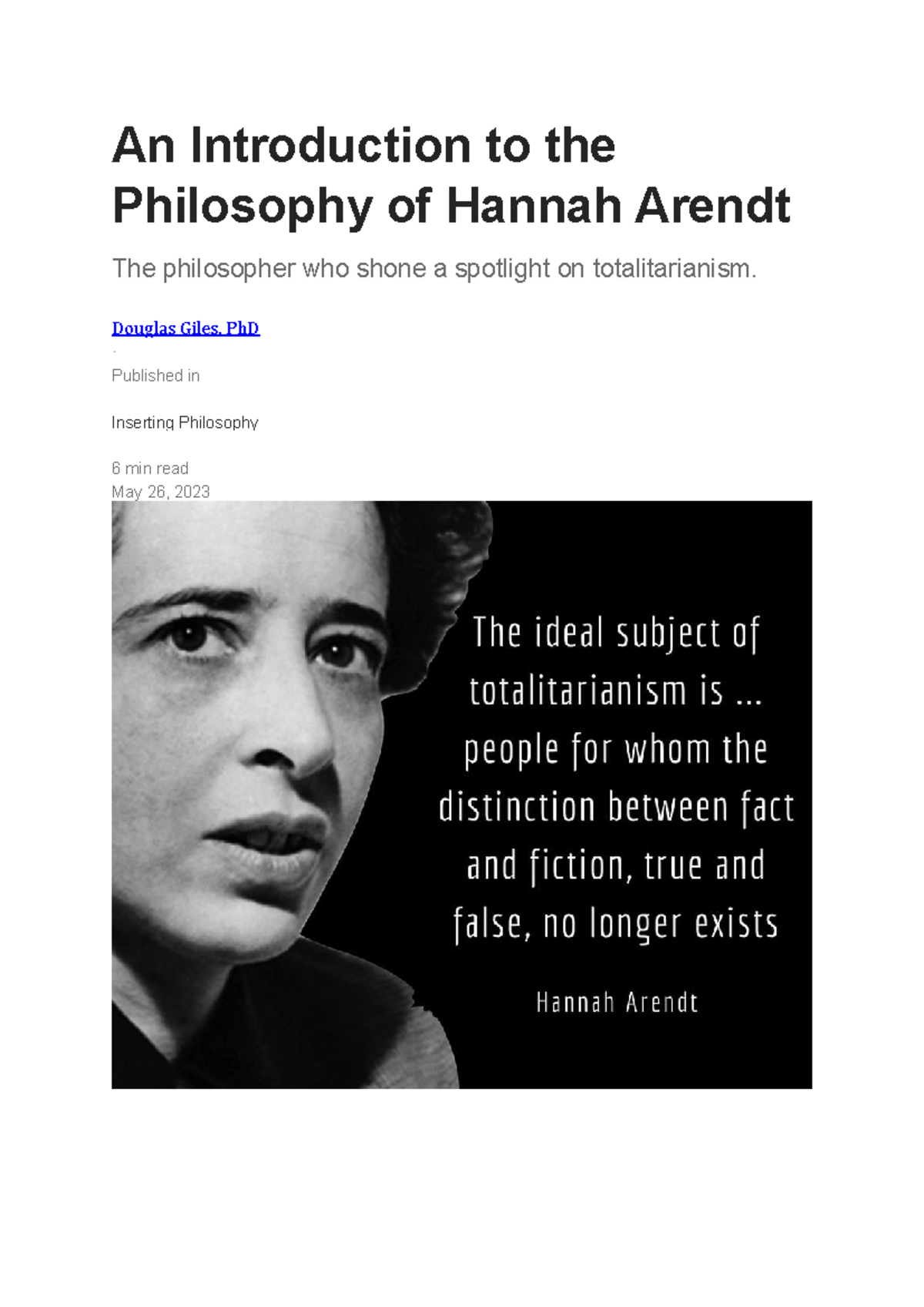 Hannah Arendt's Philosophy: Totalitarianism & Human Action - Studocu