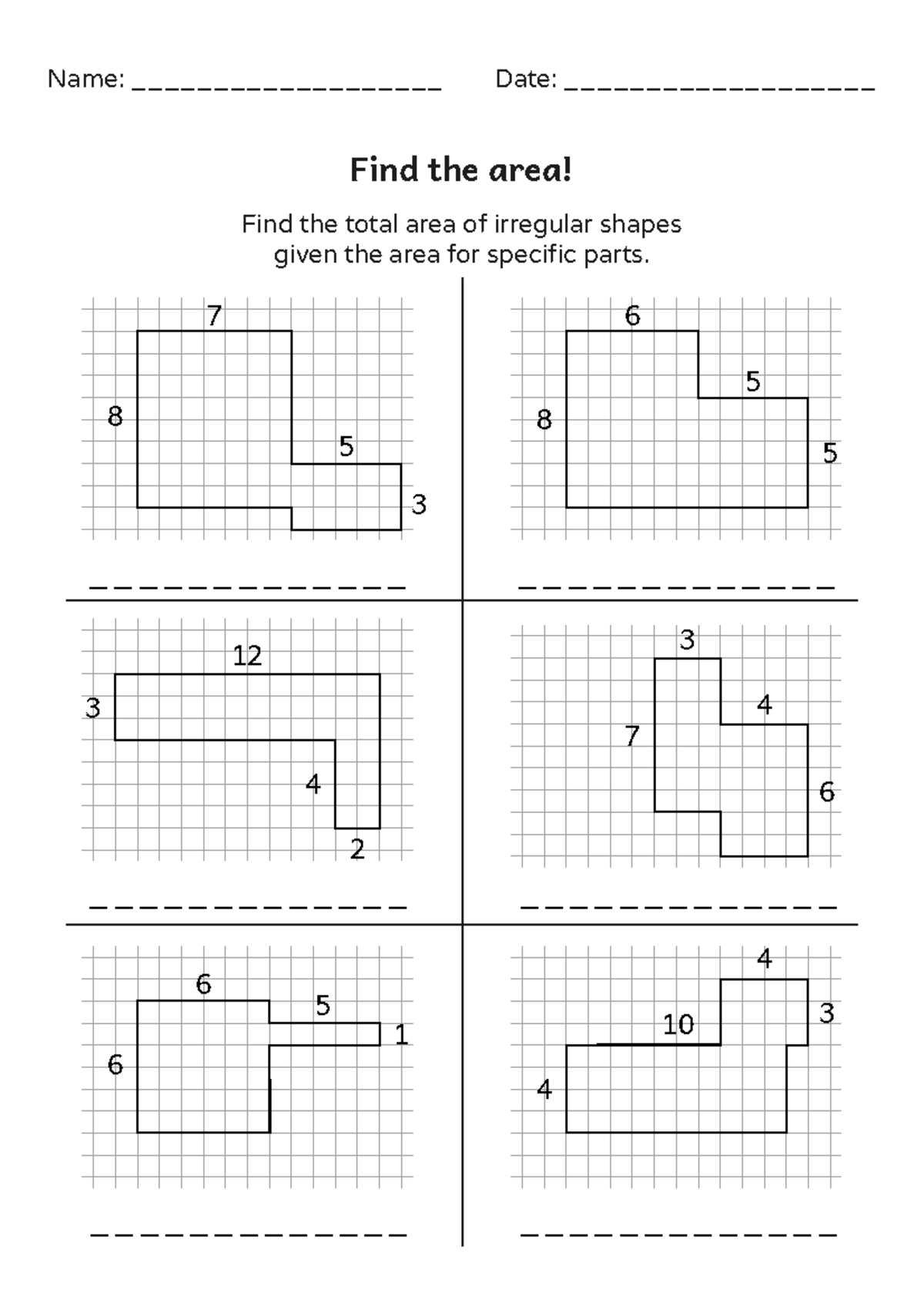 Finding the Area of Irregular Shapes - 3rd Grade Worksheet - Name ...