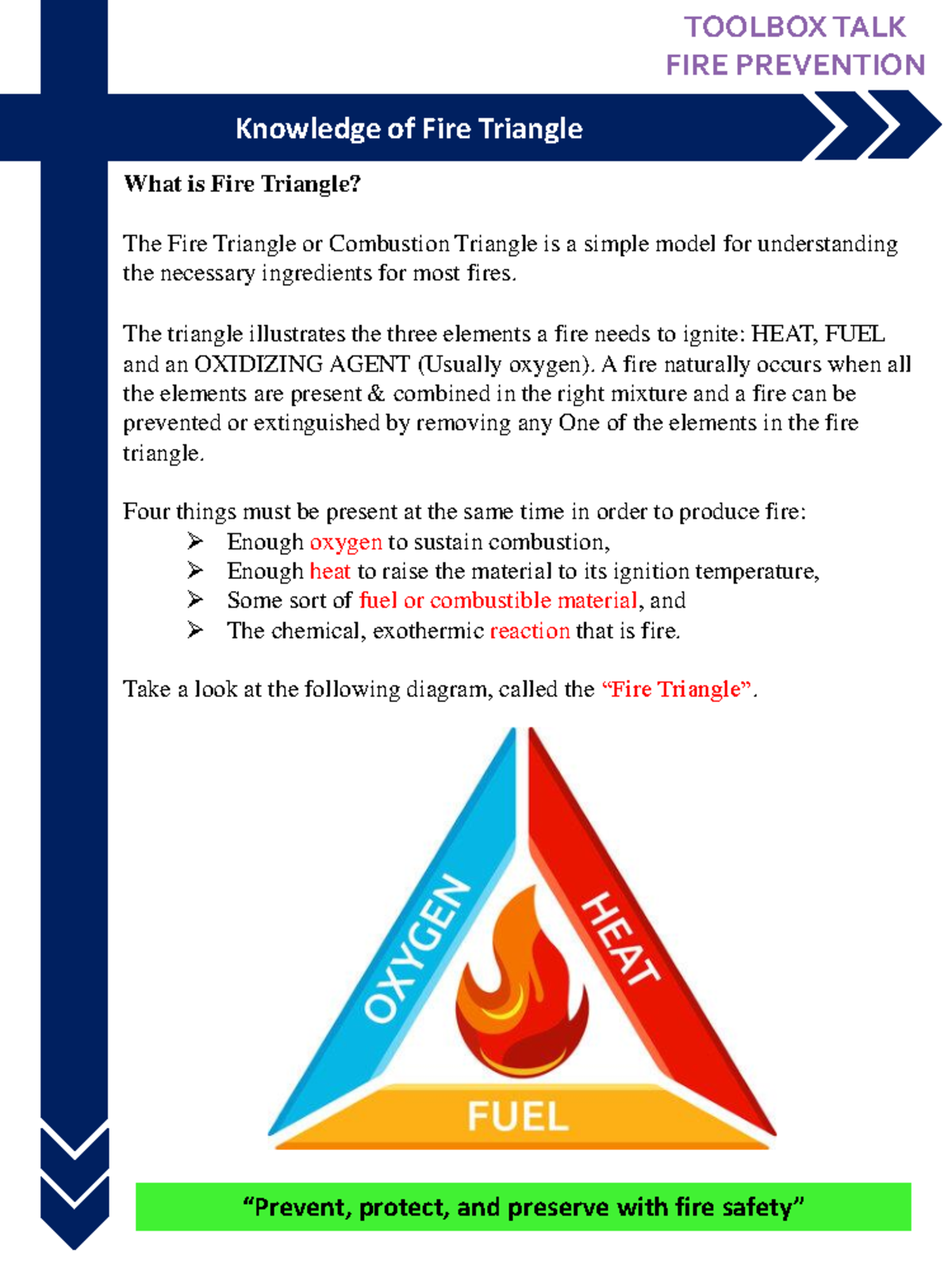 Fire Prevention Toolbox Talk - FIRE PREVENTION Knowledge of Fire ...