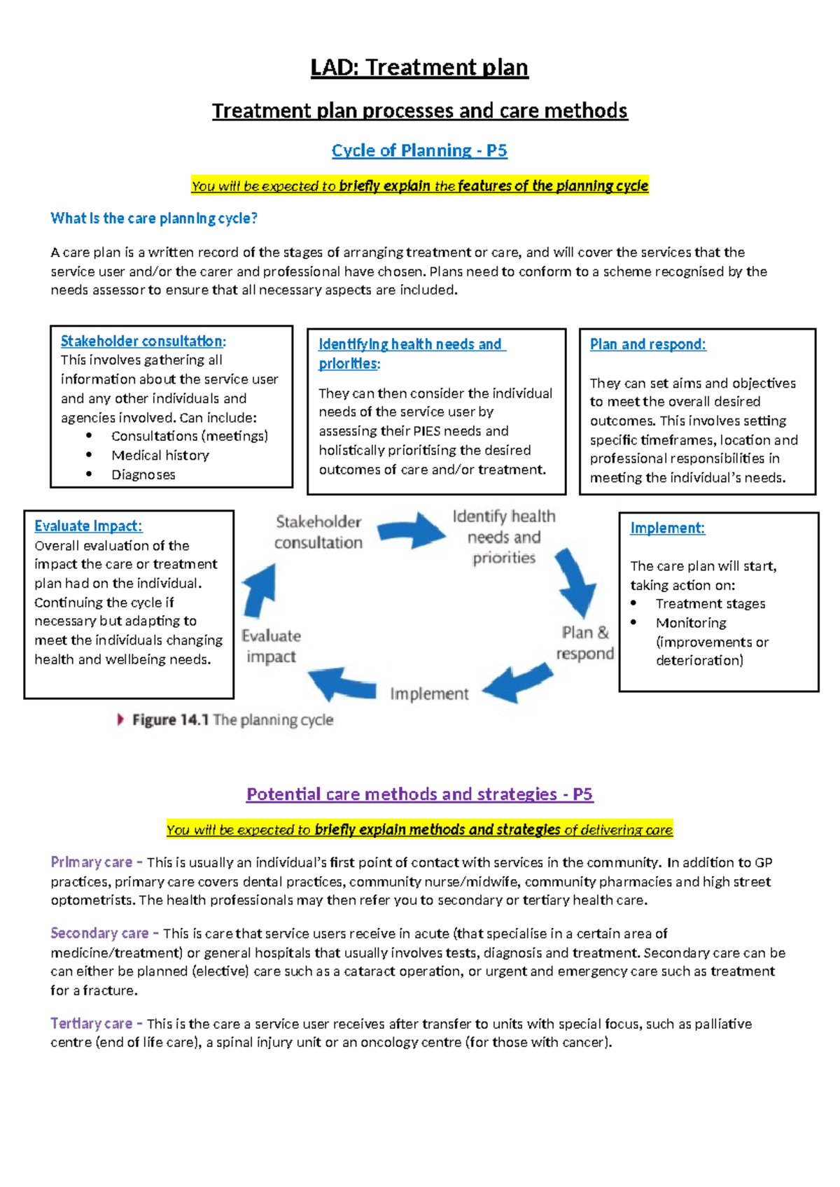 Unit 14 LAD Treatment Plan Support Pack: Holistic Care Strategies - Studocu