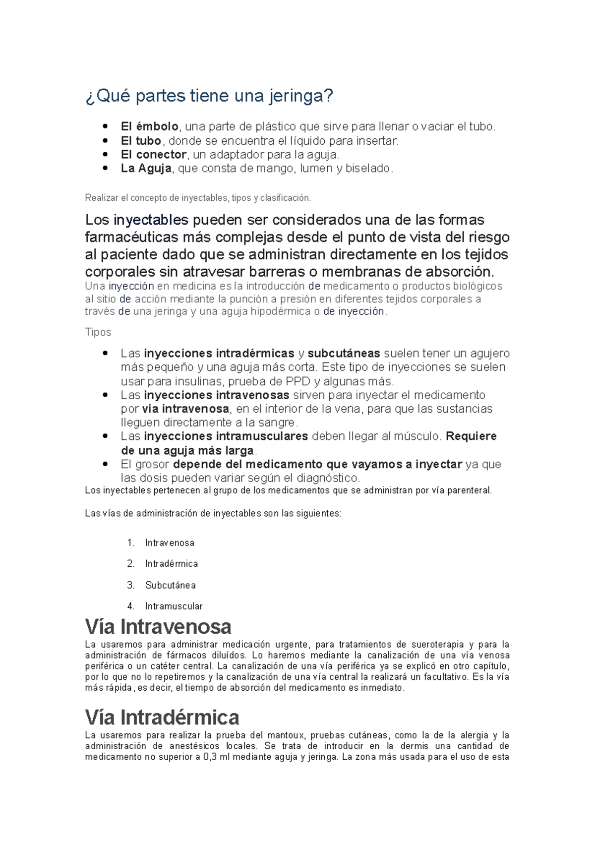 Partes de una Jeringa y Clasificación de Inyectables: Un Estudio - Studocu