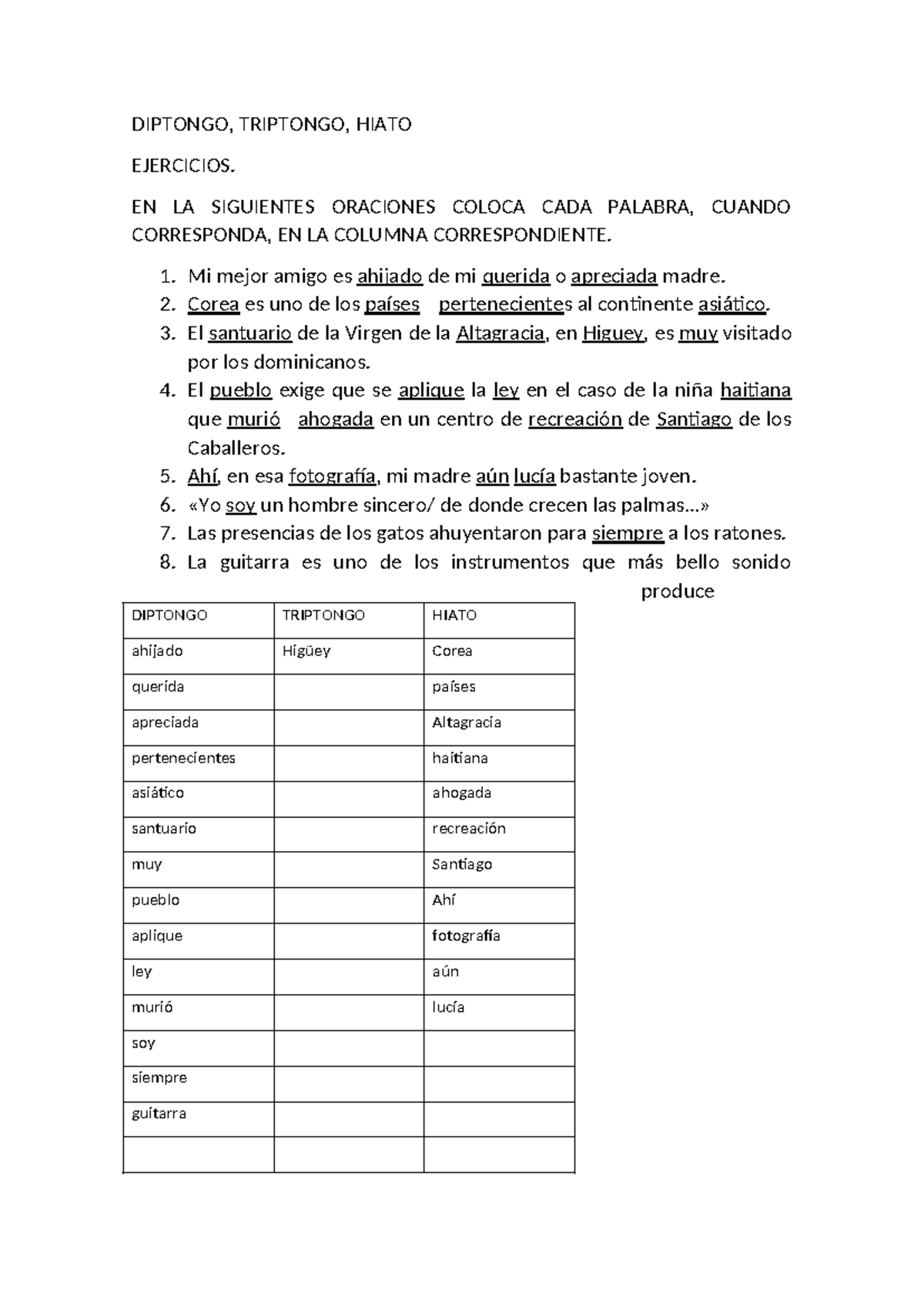 Ejercicios de Diptongo, Triptongo y Hiato: Análisis de Oraciones - Studocu