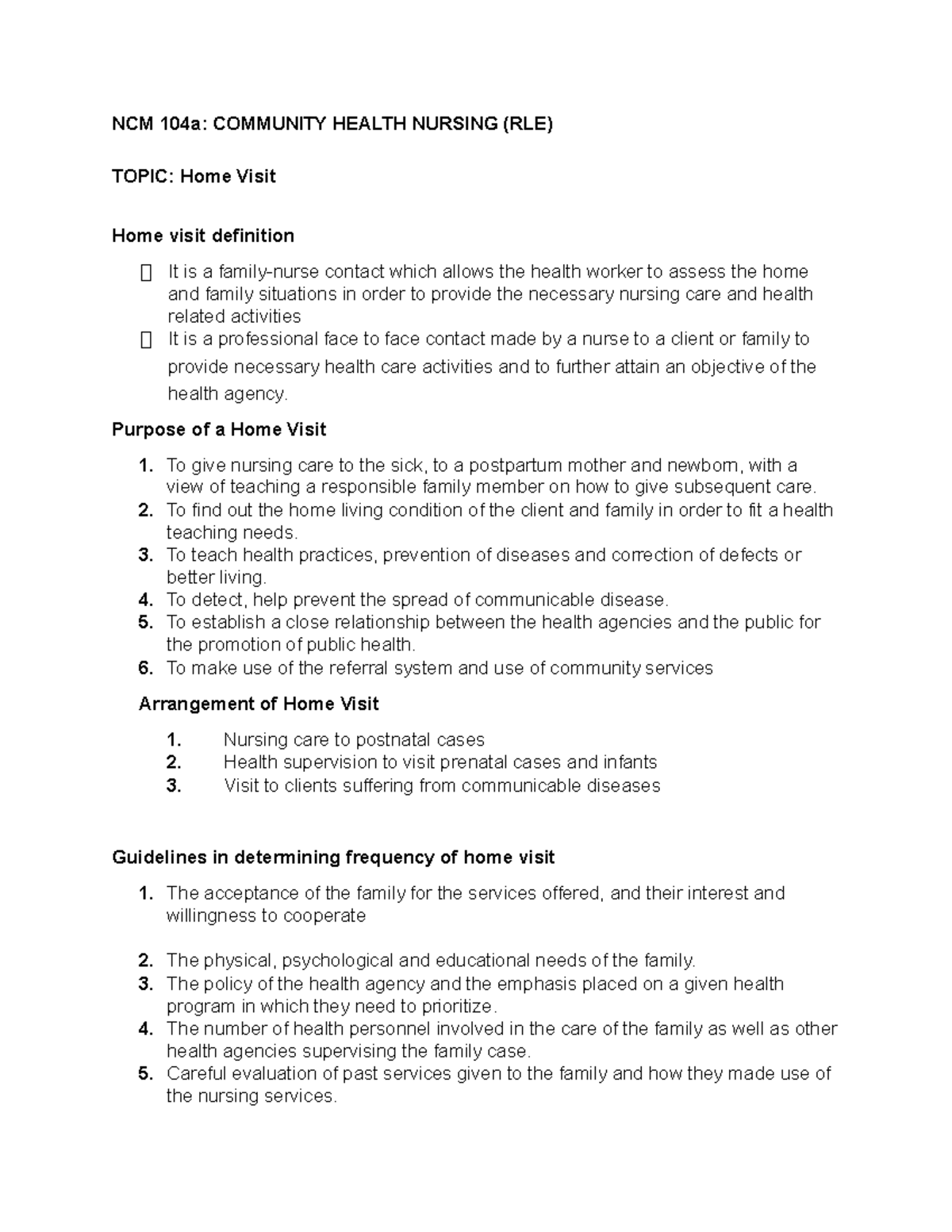 NCM-104a -Home-Visit - Home visit - NCM 104a: COMMUNITY HEALTH NURSING ...