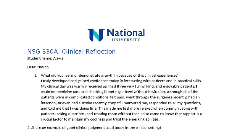 NSG 330A: Clinical Reflection on Patient Interaction and Care - Studocu