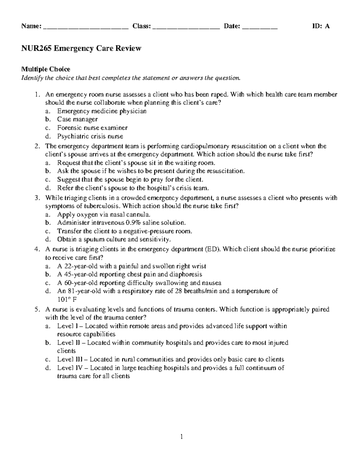 NUR265 Emergency Care Final Exam Practice Questions and Review - Studocu