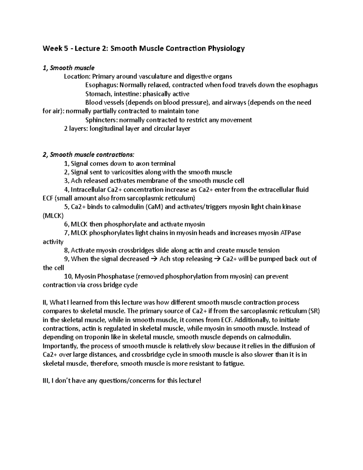 Week 5 - Lecture Notes - Week 5 - Lecture 2: Smooth Muscle Contracion ...