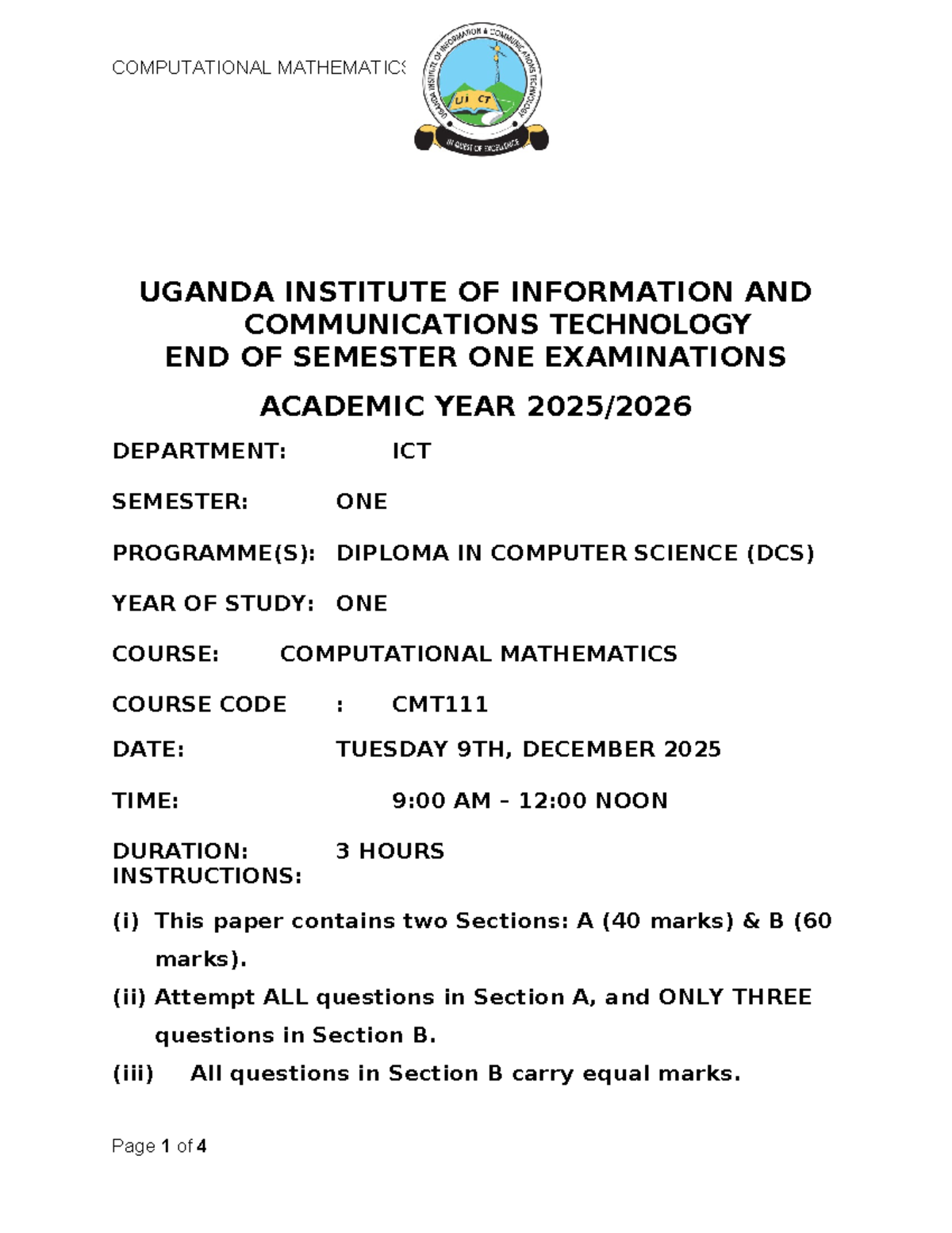 COMPUTATIONAL MATHEMATICS DCS 101 END OF SEMESTER EXAM 2025 - Studocu