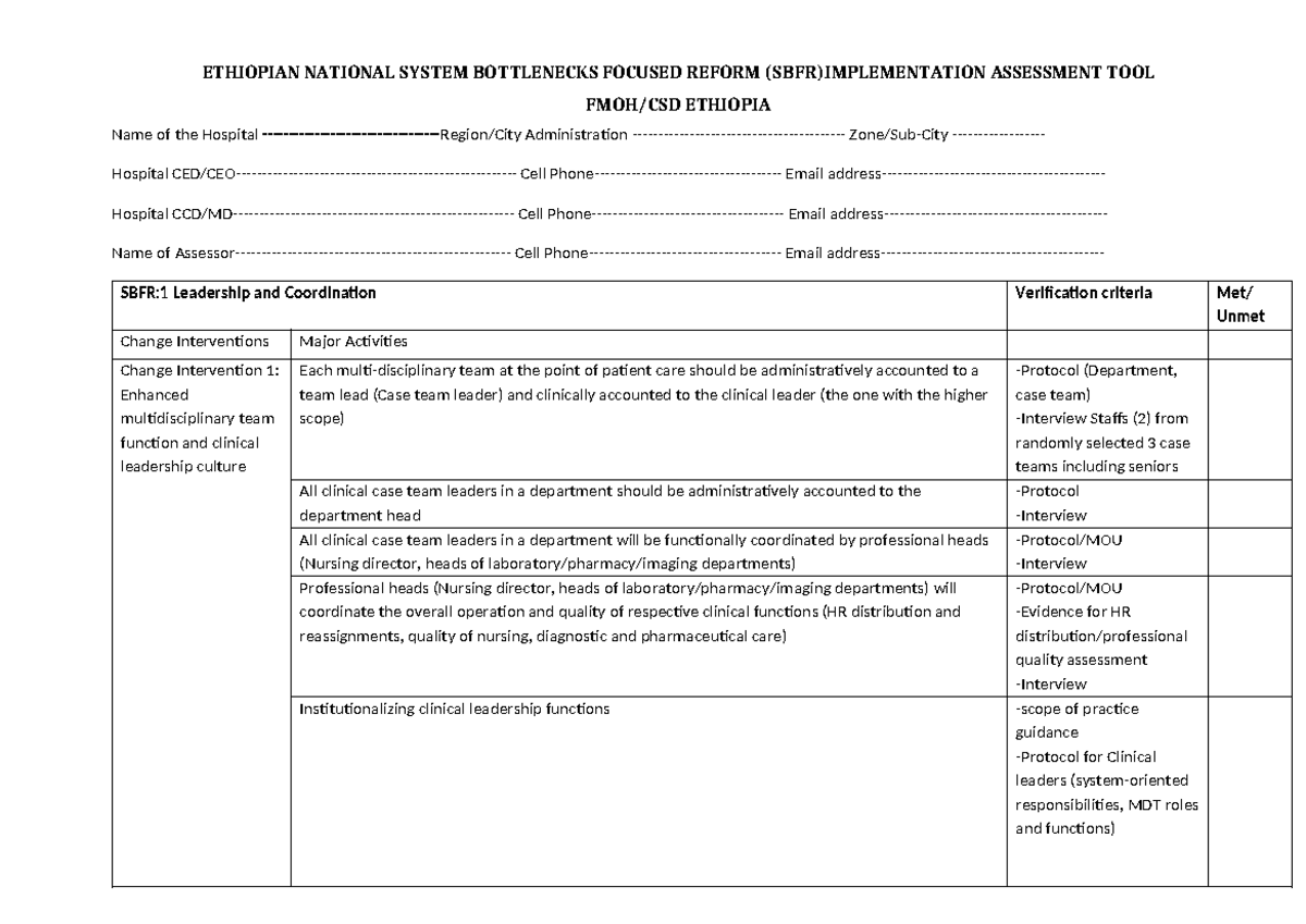 Ethiopian National System Bottlenecks Focused Reform (SBFR ...