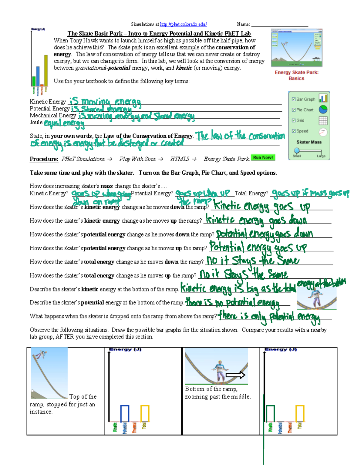 Energy Skate Park Worksheet Conservation Of Mechanical Energy With