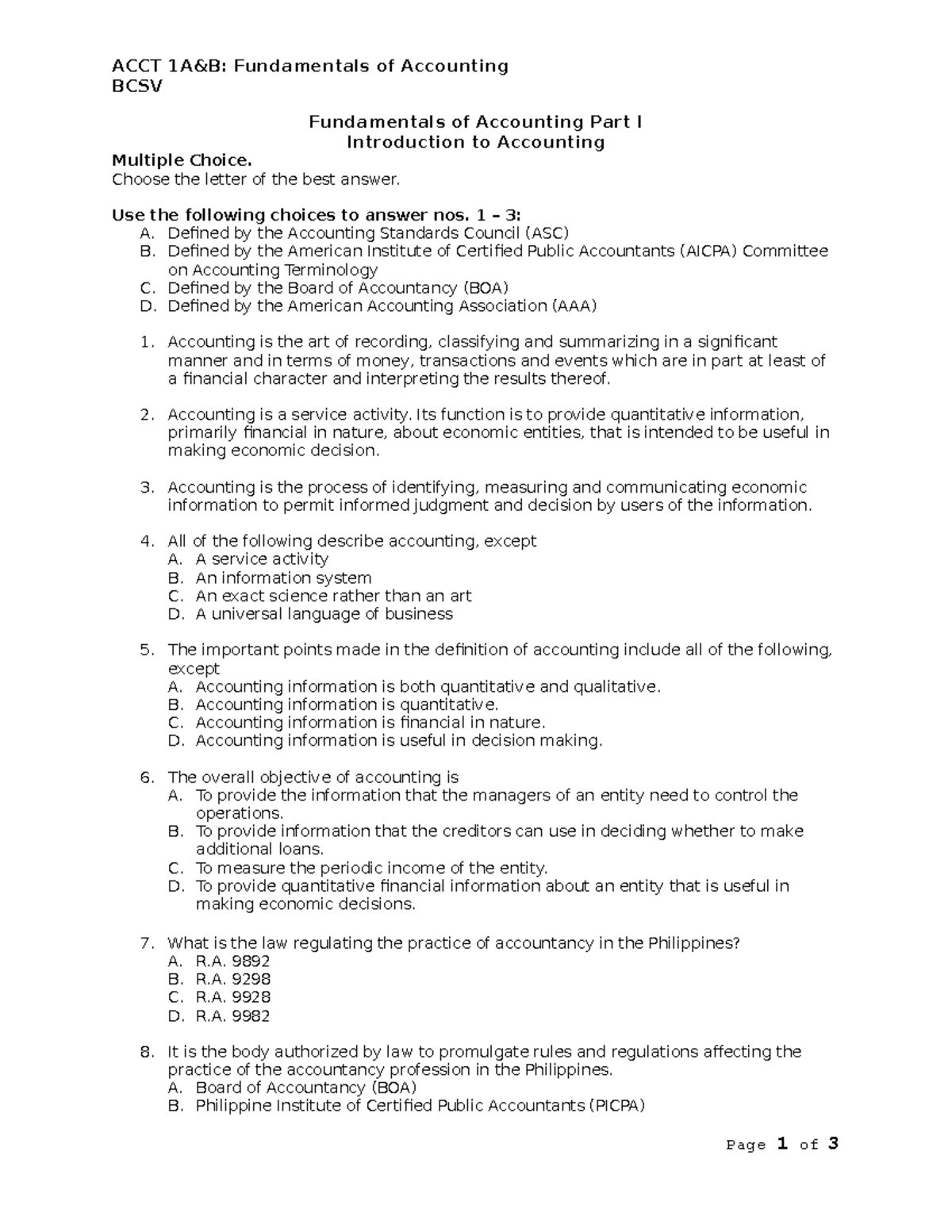 ACCT 1A&B - Fundamentals of Accounting Chapter 1 Study Guide - Studocu
