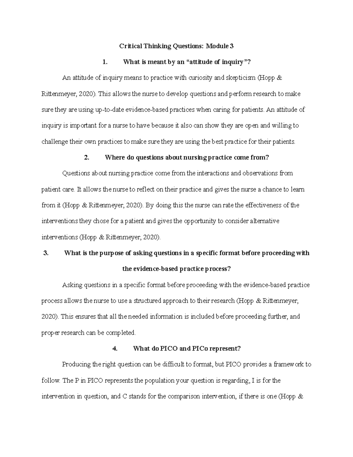 Critical Thinking Questions for Nursing: Module 3 Analysis - Studocu
