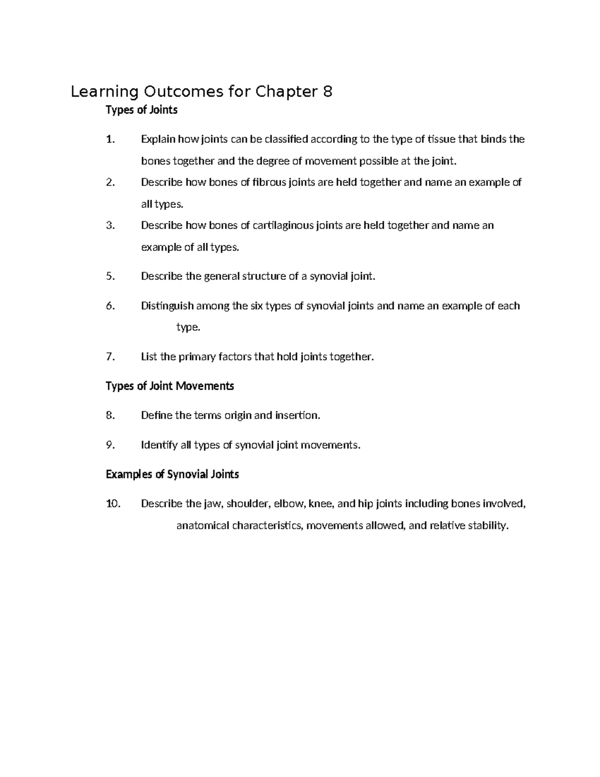 Learning Outcomes for Chapter 8: Joints & Movements - Studocu